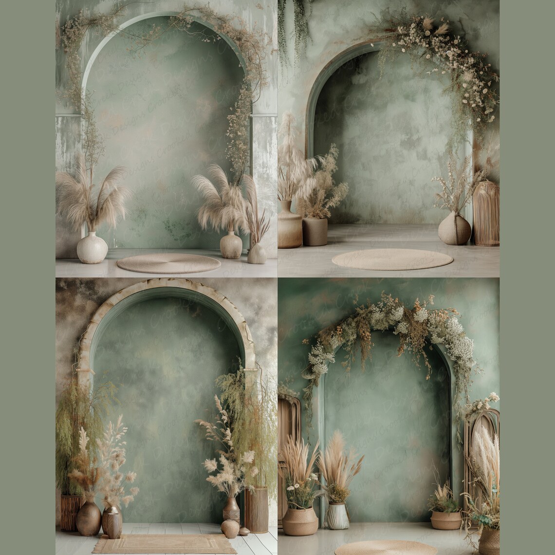Sage Green Boho Arch Digital Backdrop Bundle Spring Floral Backgrounds ...