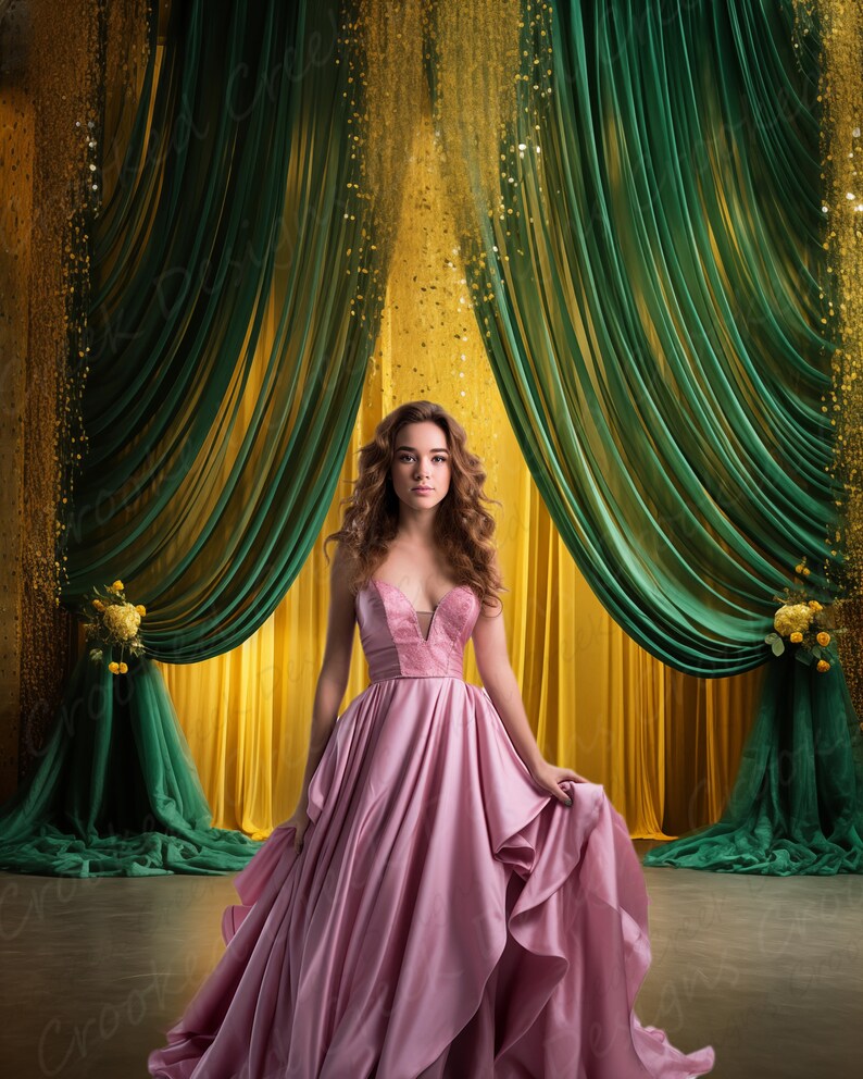 Green and Yellow Digital Backdrop Curtains | Green and Gold School ...