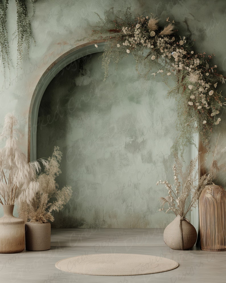 Sage Green Boho Arch Digital Backdrop: Floral Photography Backgrounds ...
