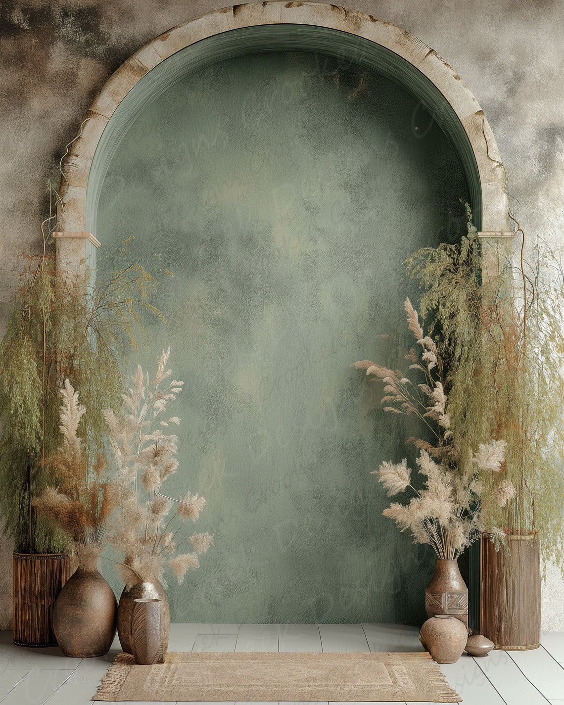 Sage Green Boho Arch Digital Backdrop Bundle Spring Floral Backgrounds ...