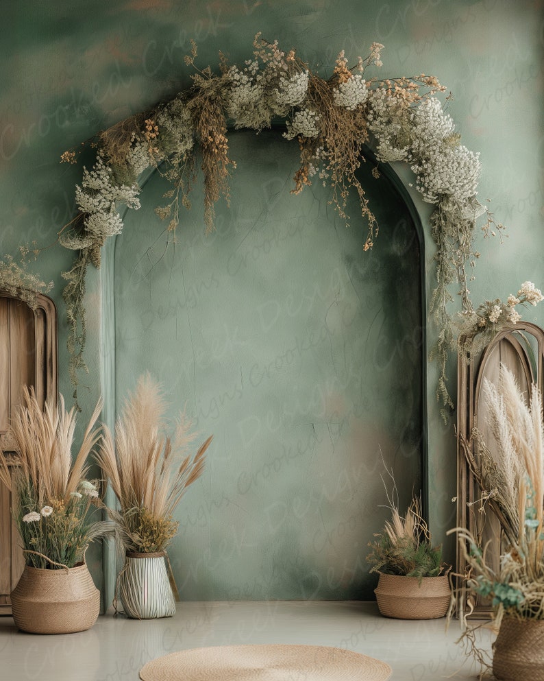 Sage Green Boho Arch Digital Backdrop Bundle | Spring Floral ...