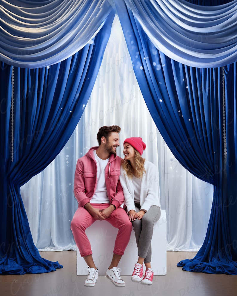 Blue and White Digital Backdrop Curtains School Colors Prom and ...