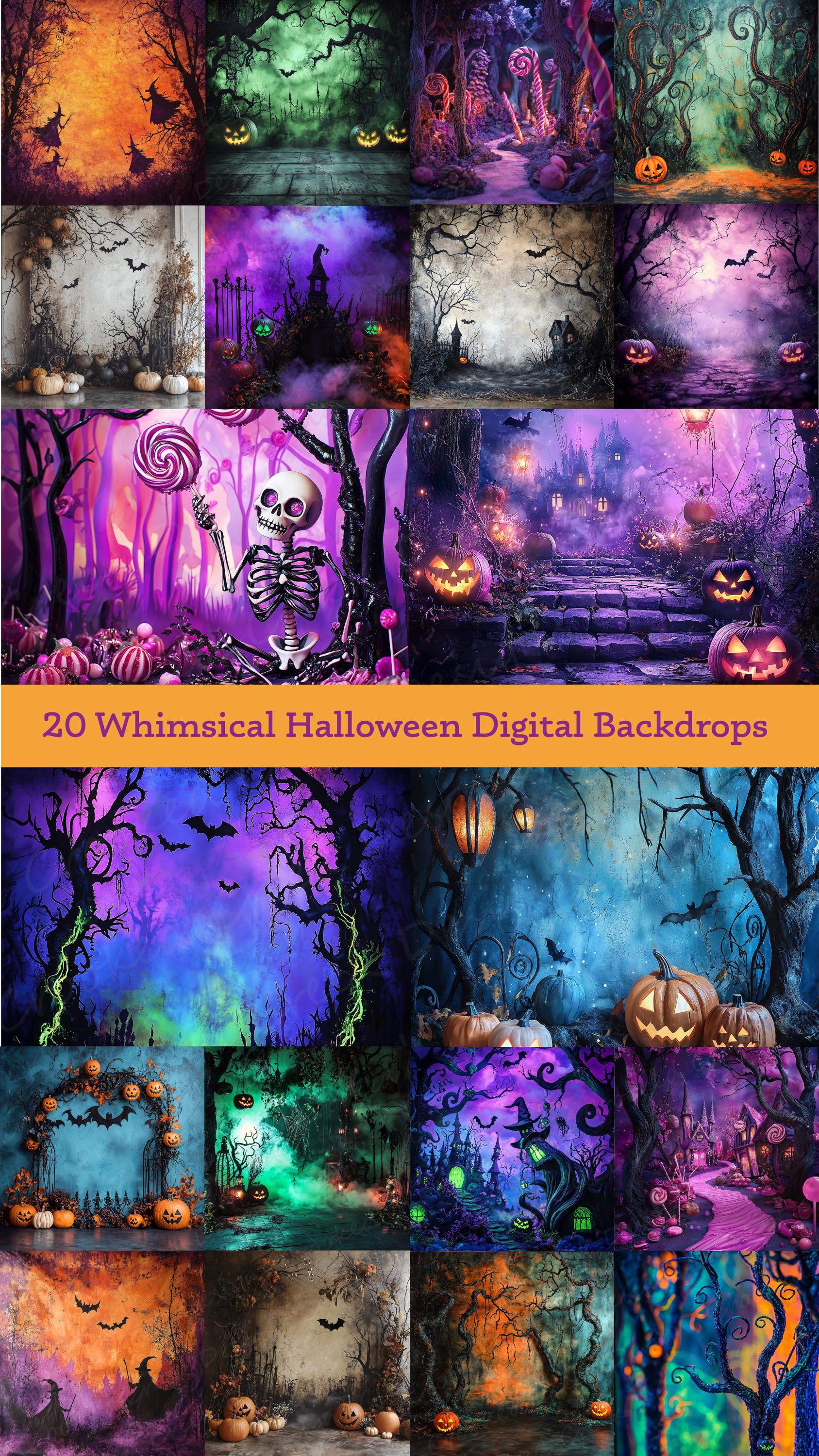 Whimsical Halloween Digital Backdrop Bundle - Cute, Creepy Backgrounds ...