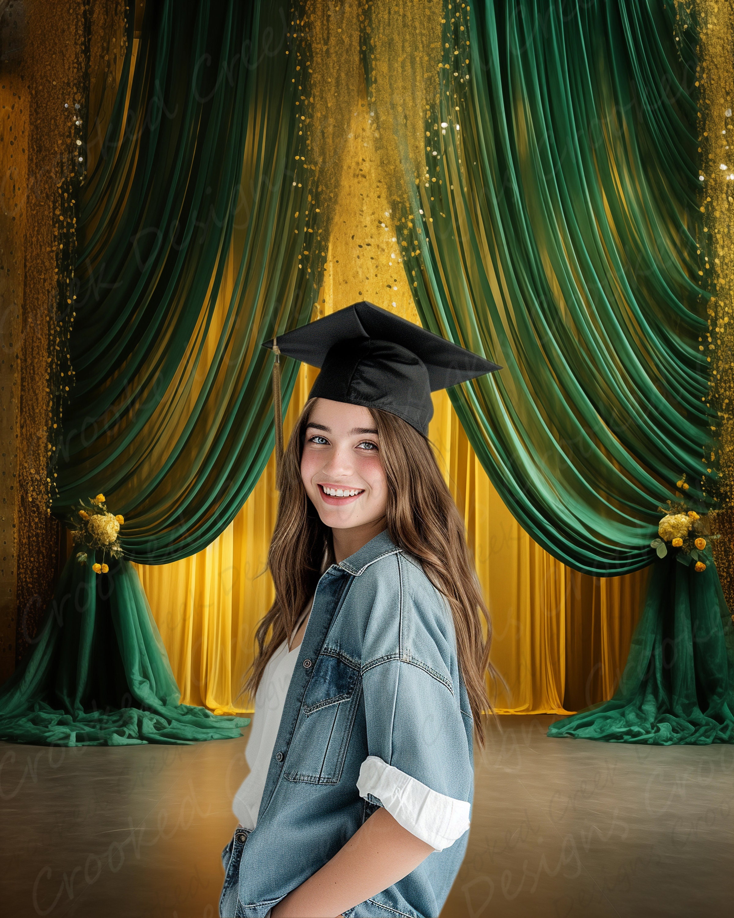 Green and Yellow Digital Backdrop Curtains | Green and Gold School ...