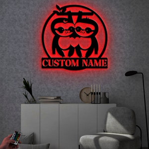 Custom Cute Couple Sloth Love Metal Wall Art LED Light, Personalized ...