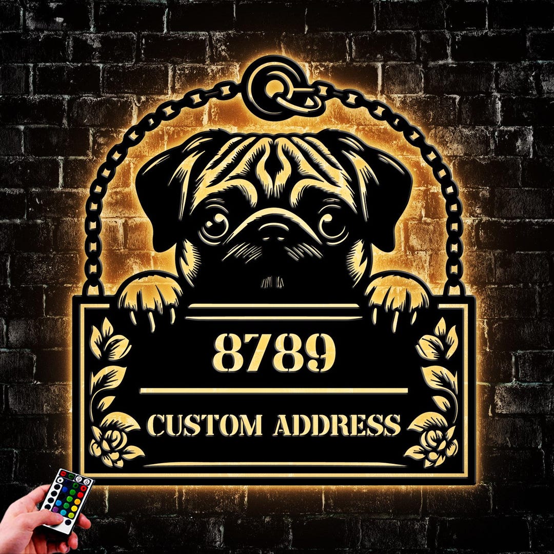 Custom Pug Peeking Metal House Number LED Light, Personalized Address ...