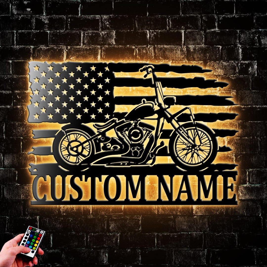 Personalized Us Bobber Motorcycle Metal Wall Art With Led Light Biker ...