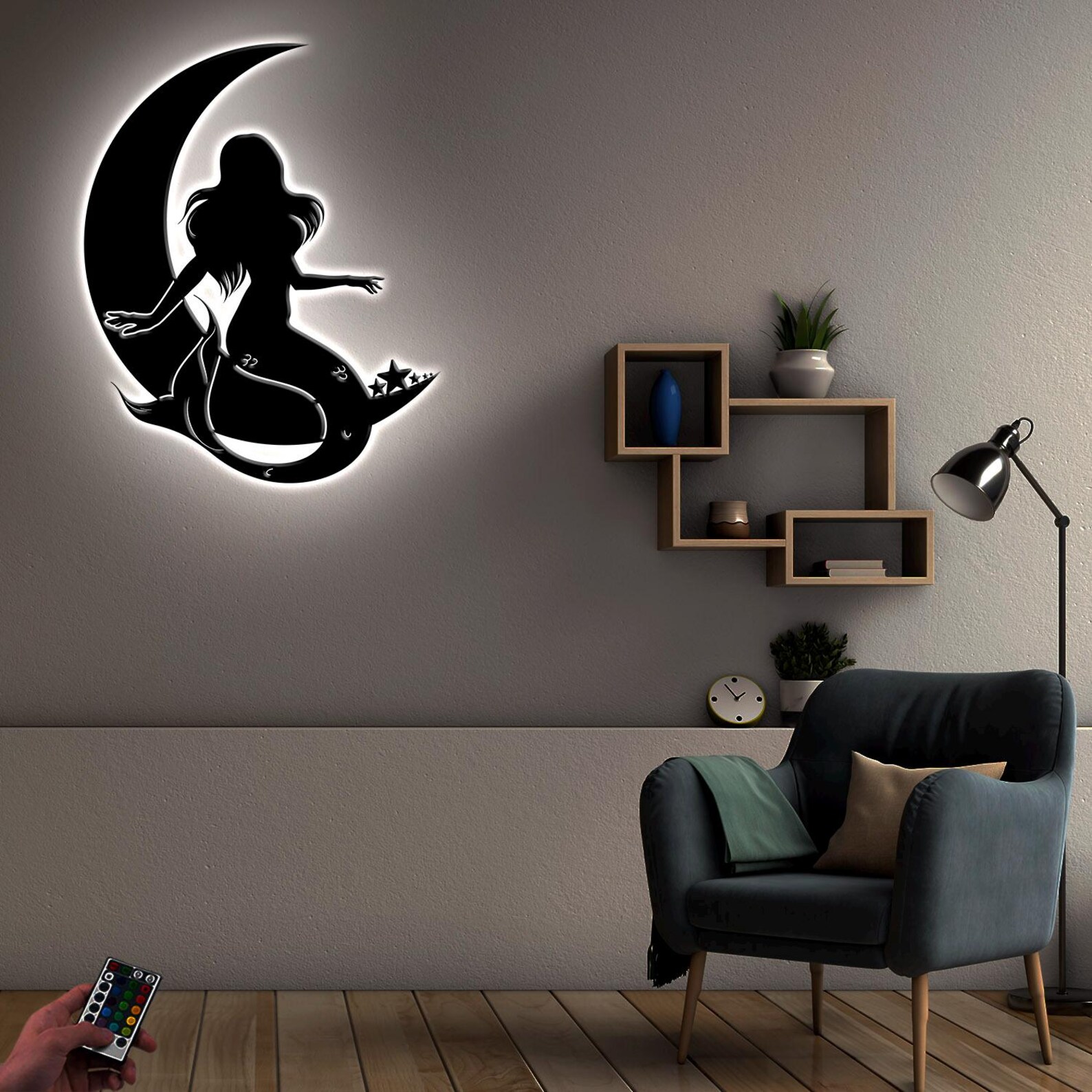 Little Mermaid on the Moon Metal Sign Wall Art LED Light, Cute Mermaid ...