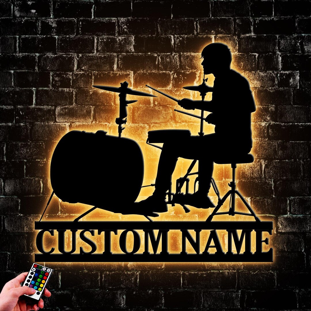 Custom Drumming Metal Wall Art LED Light, Personalized Drummer Name ...