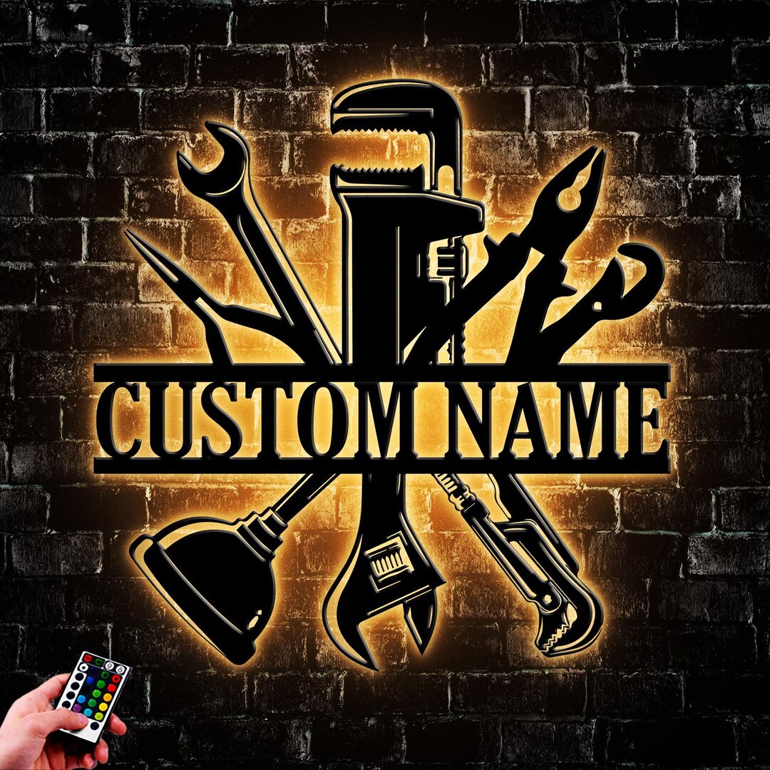 Custom Plumber Tools Metal Wall Art LED Light, Personalized Plumber ...