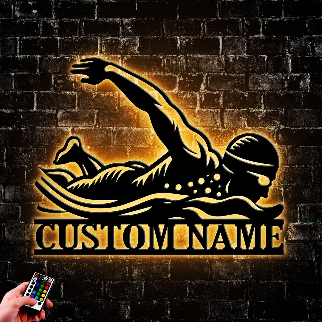 Custom Swimming Metal Wall Art Led Light, Personalized Swimmer Name ...