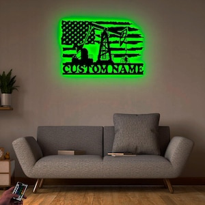 Custom US Flag Oil Rig Metal Wall Art LED Light, Personalized Oil Field ...