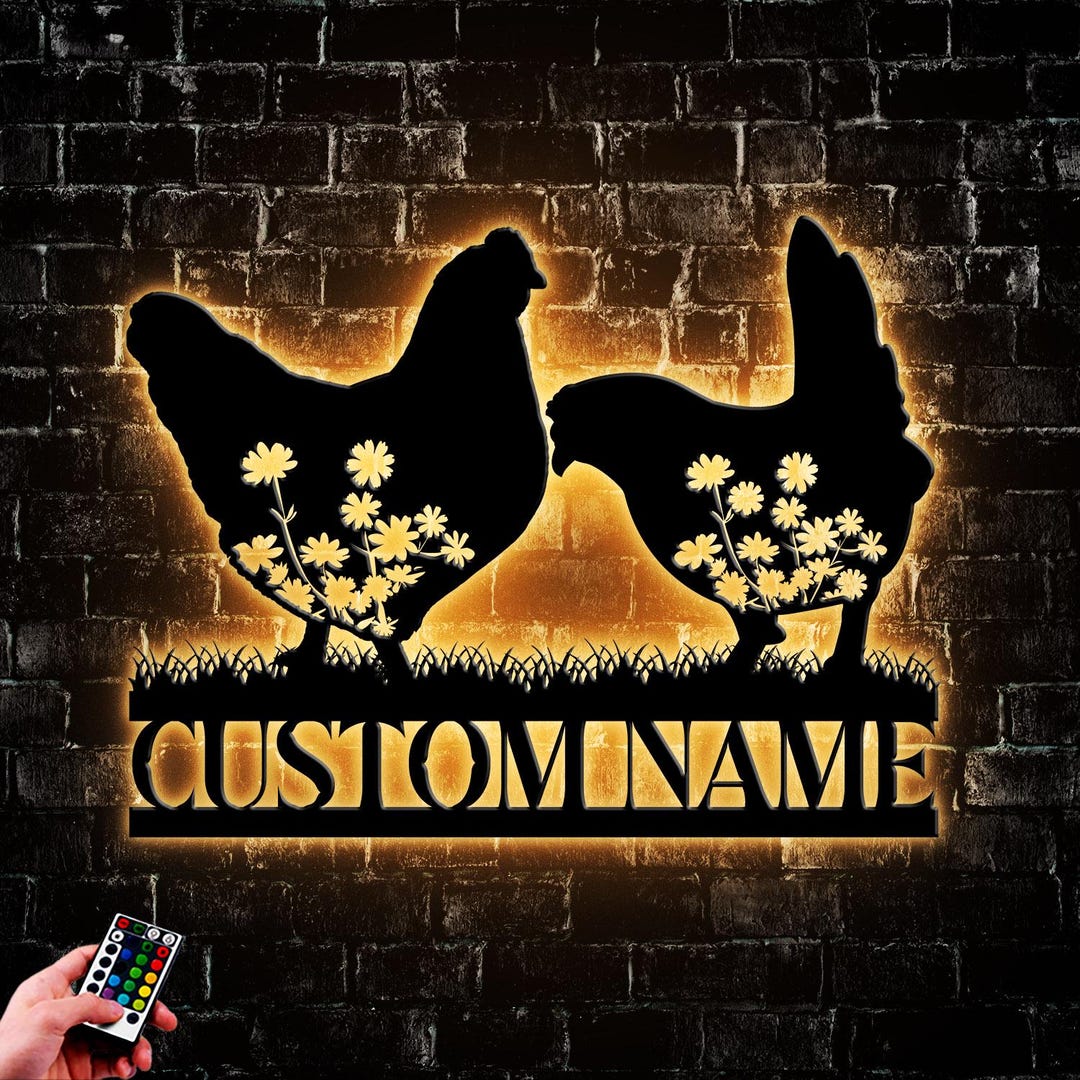 Custom Hen Coop Metal Wall Art LED Light, Personalized Floral Chicken ...