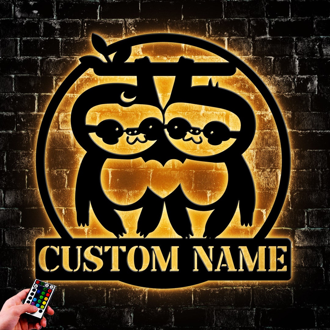 Custom Cute Couple Sloth Love Metal Wall Art LED Light, Personalized ...