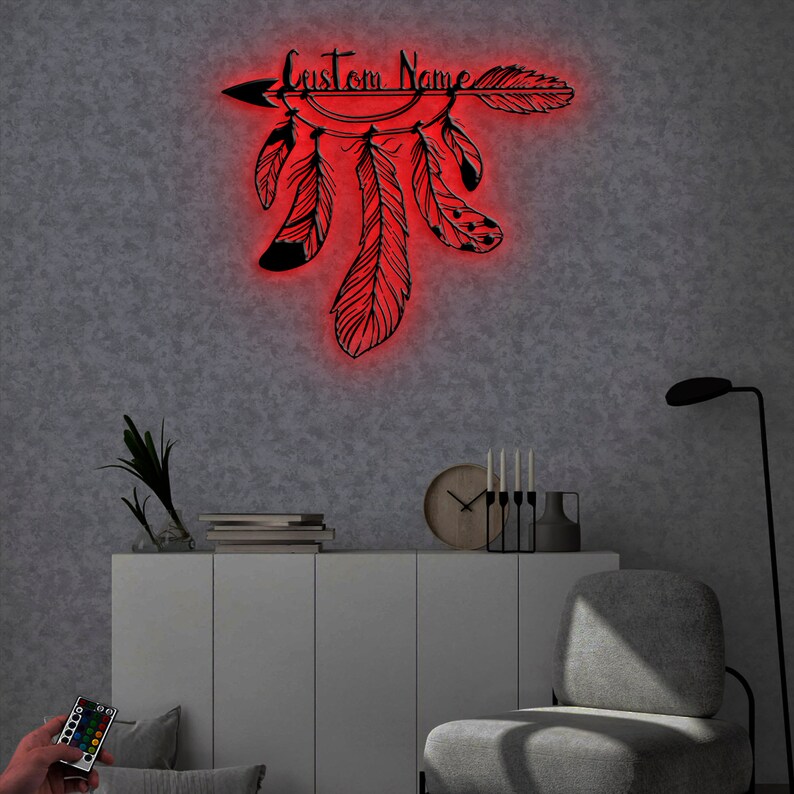 Custom Arrow Feathers Metal Wall Art Led Light, Personalized Boho Lover ...