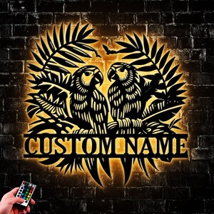 Custom Parrot Metal Wall Art LED Light, Personalized Bird Lover Name ...
