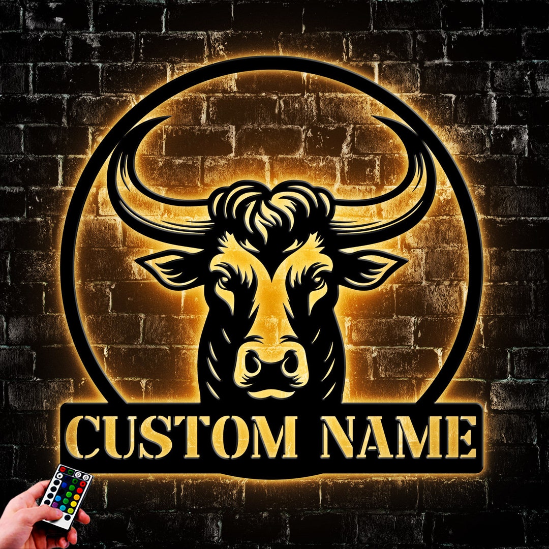 Custom Head Bull Metal Wall Art Led Light, Personalized Cowherd Name ...