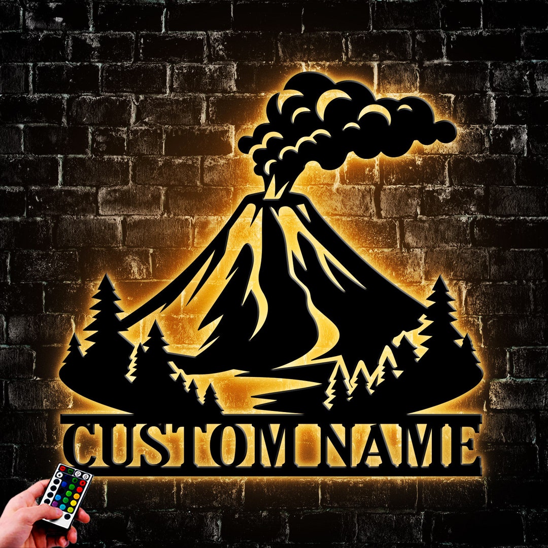 Custom Volcano Metal Wall Art LED Light, Personalized Nature Lover Name ...