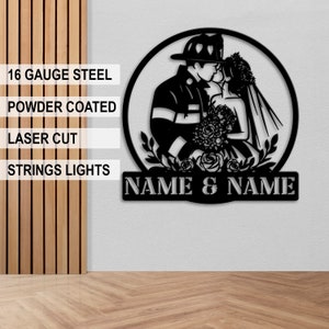 Custom Firefighter Couple Metal Wall Art LED Light, Personalized ...