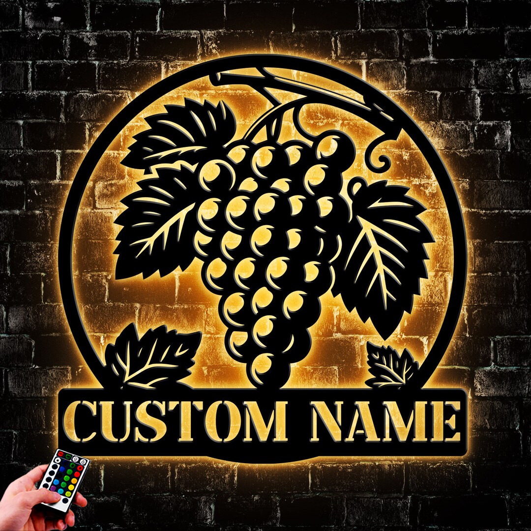 Custom Grape Metal Wall Art LED Light, Personalized Grape Fram Name ...