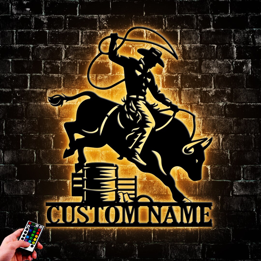 Custom Rodeo Sport Metal Wall Art LED Light, Personalized Rodeoer Name ...