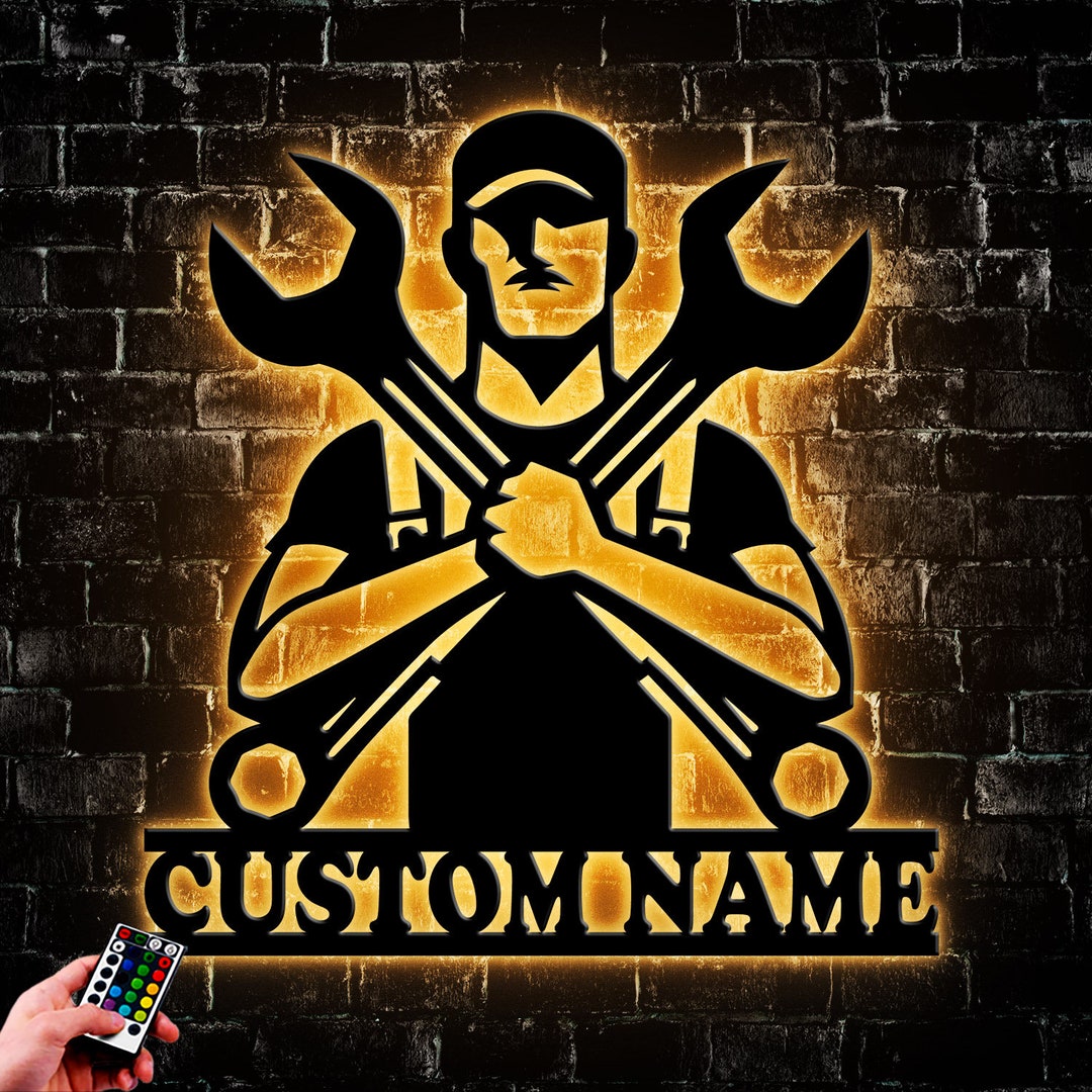 Custom Wrench Mechanic Metal Wall Art Led Light, Personalized Mechanic ...
