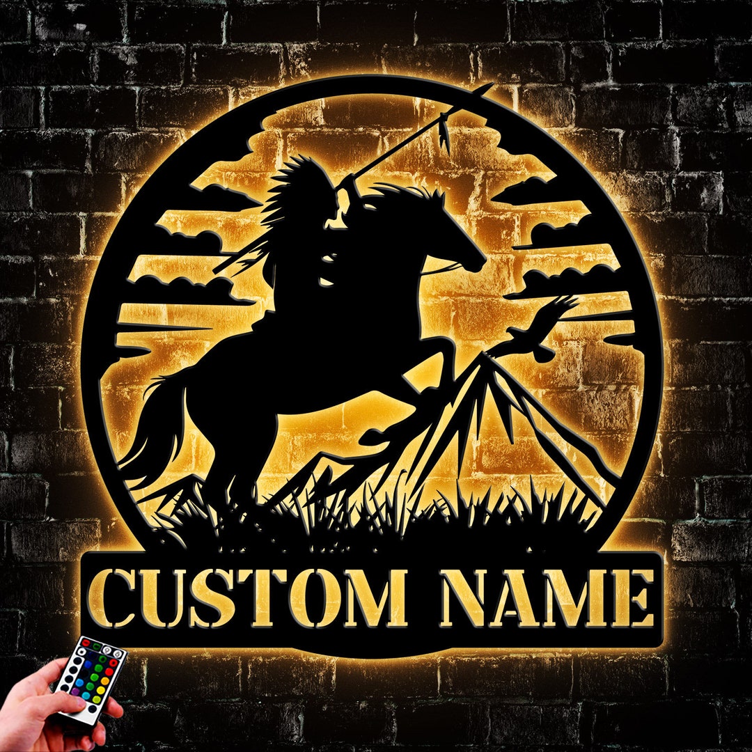 Custom Native American With Horse Metal Wall Art LED Light ...