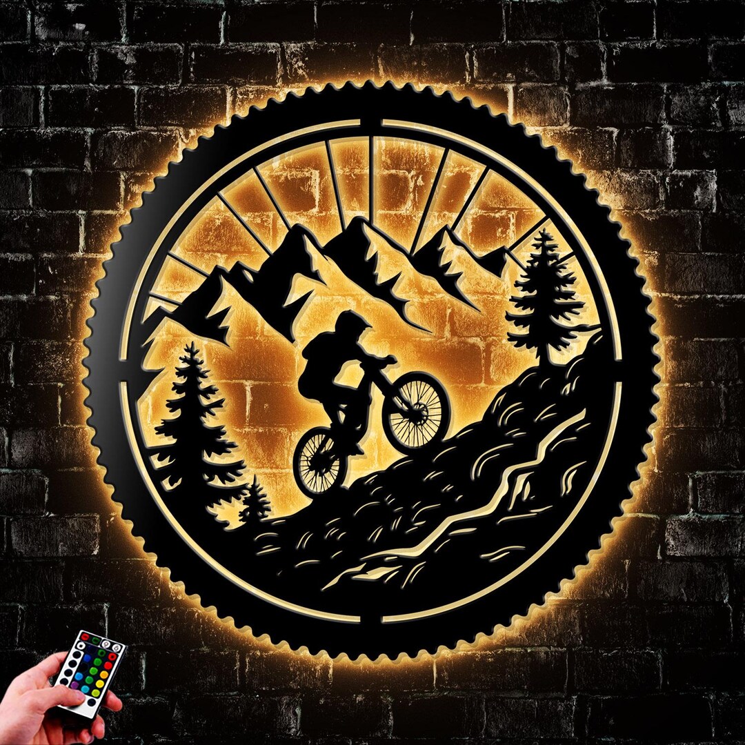 Biker Metal Wall Art Led Lights Bicycle Lover Gift, Cyclist Wall ...