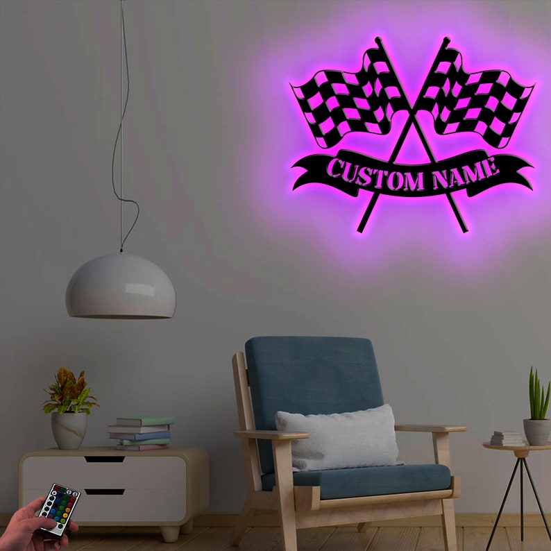Custom Start Finish Racing Flag Metal Wall Art Led Light, Personalized ...
