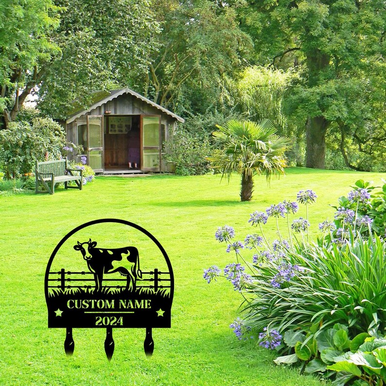 Custom Dairy Cow Garden Metal Sign, Personalized Gardener Name Sign ...