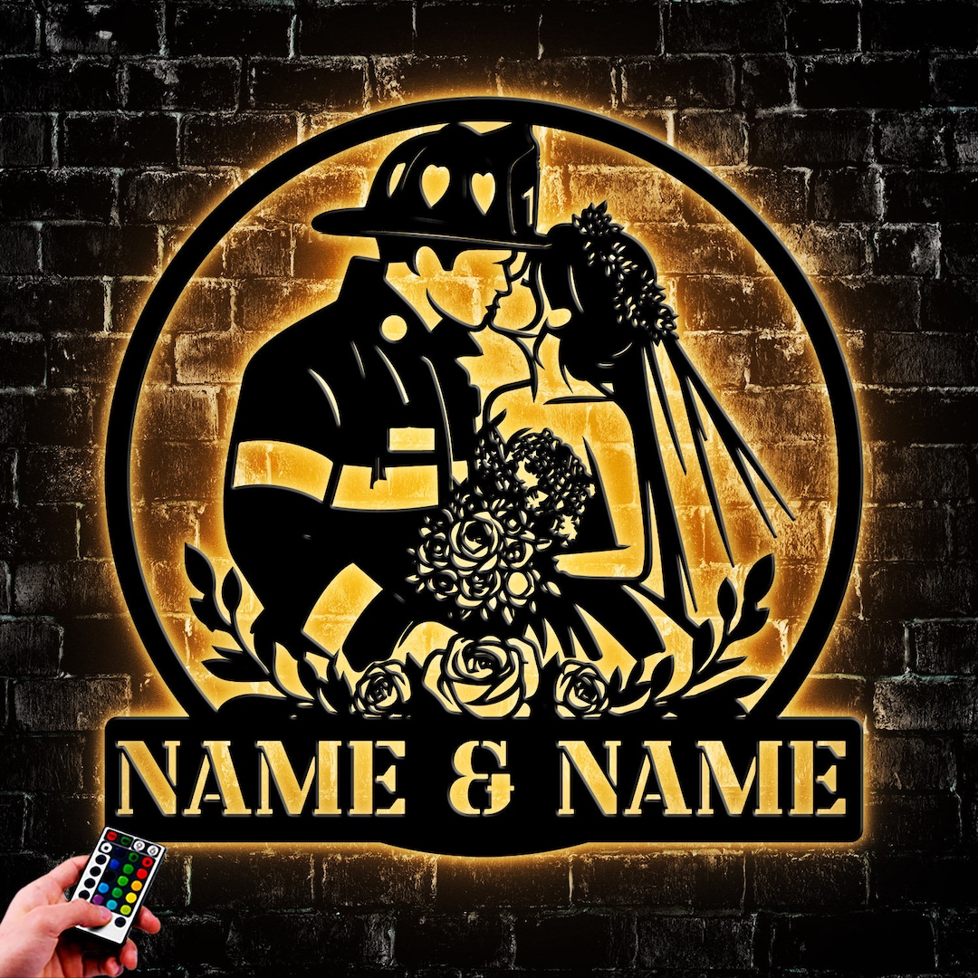 Custom Firefighter Couple Metal Wall Art LED Light, Personalized ...
