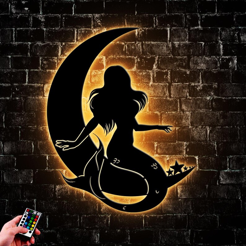 Little Mermaid on the Moon Metal Sign Wall Art LED Light, Cute Mermaid ...