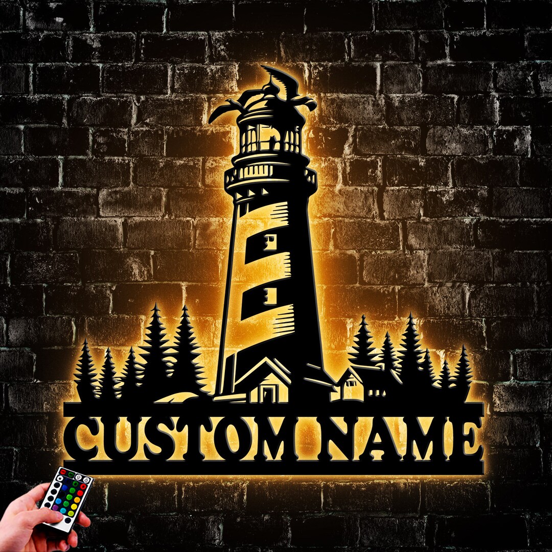 Custom Lighthouse Metal Wall Art Led Light, Personalized Sea Lover Name ...