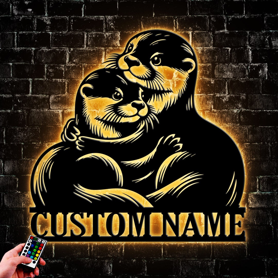 Custom Heart Couple Otter Metal Wall Art Led Light, Personalized Otter ...