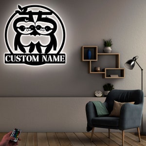Custom Cute Couple Sloth Love Metal Wall Art LED Light, Personalized ...