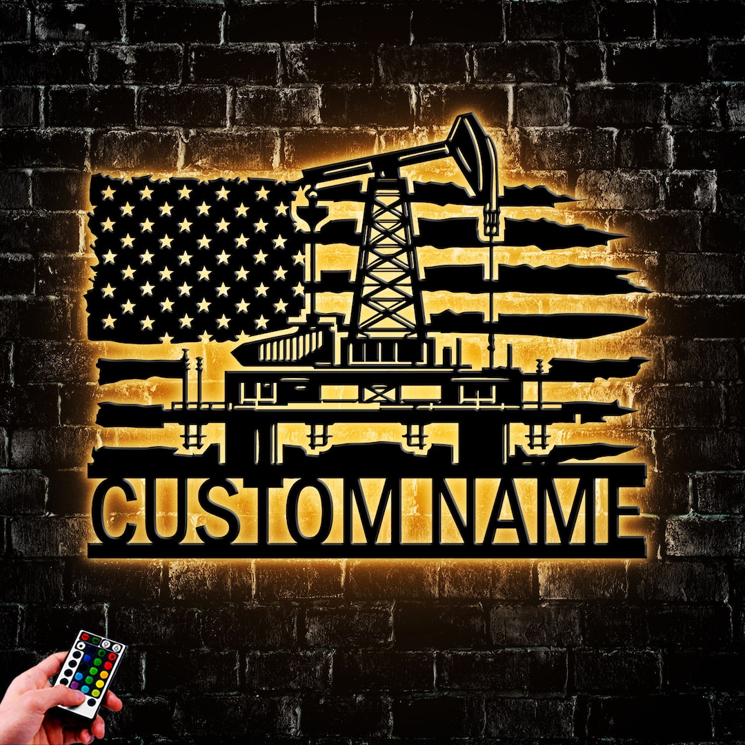 Custom Us Flag Oil Rig Metal Wall Art Led Light, Personalized Oil Field ...