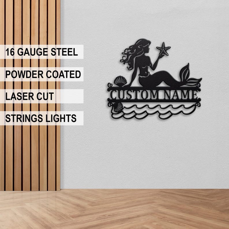 Personalized Mermaid Metal Wall Art LED Light, Mermaid Tail Name Sign ...