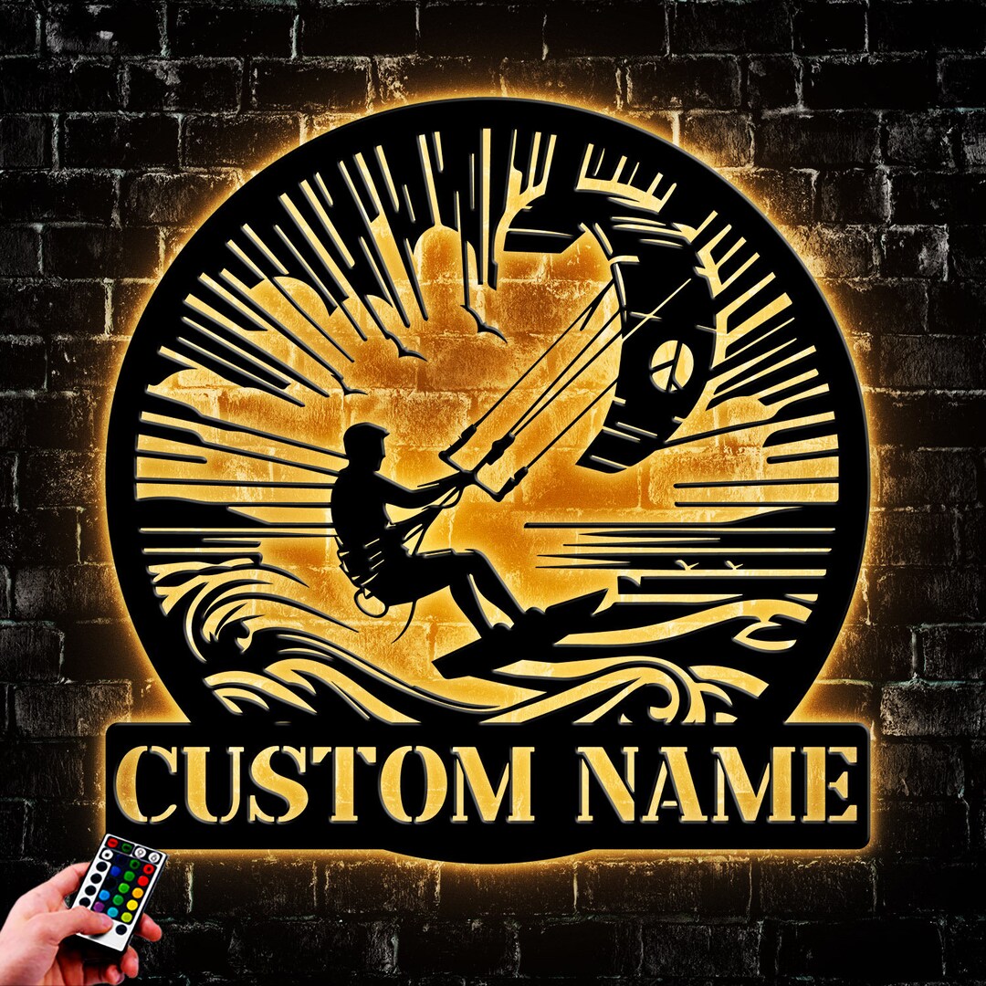 Custom Kiteboarding Metal Wall Art LED Light, Personalized Kite Surfer ...