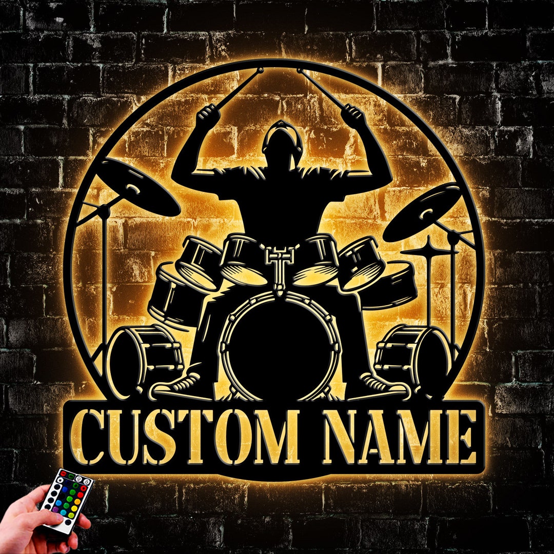 Custom Drumming Metal Wall Art Led Light, Personalized Drummer Name ...