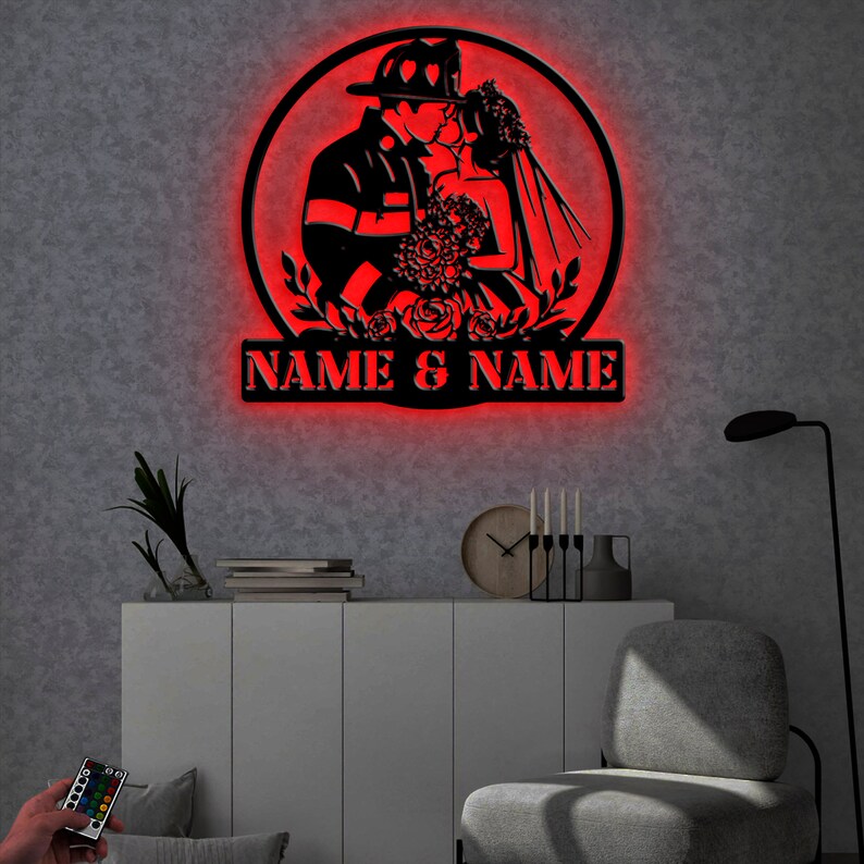 Custom Firefighter Couple Metal Wall Art LED Light, Personalized ...