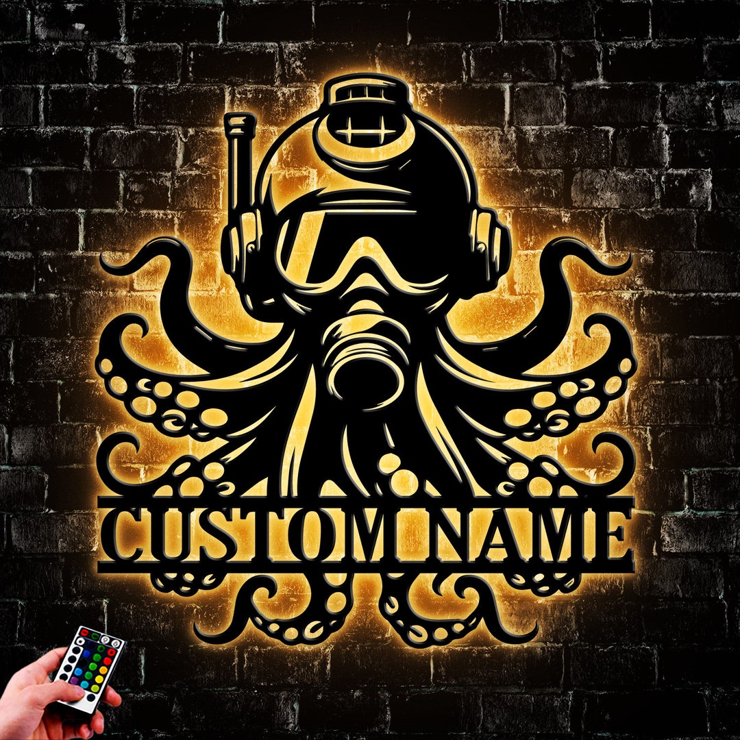 Custom Octopus Diving Helmet Metal Wall Art Led Light, Personalized ...