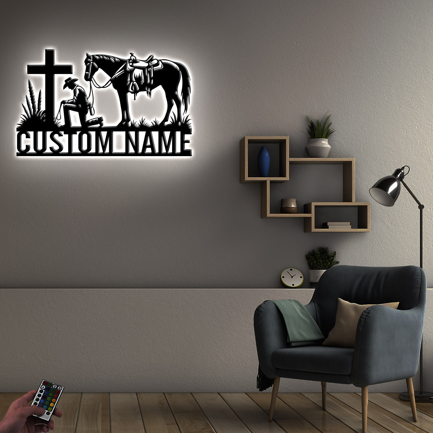 Custom Cowboy Kneeling Metal Wall Art Led Light, Personalized Western ...