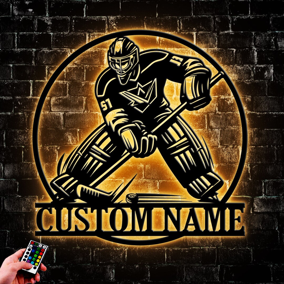 Custom Hockey Metal Wall Art Led Light, Personalized Hockey Goalie Name ...