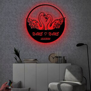 Custom Romantic Swan Metal Wall Art Led Light, Personalized Swan Couple ...