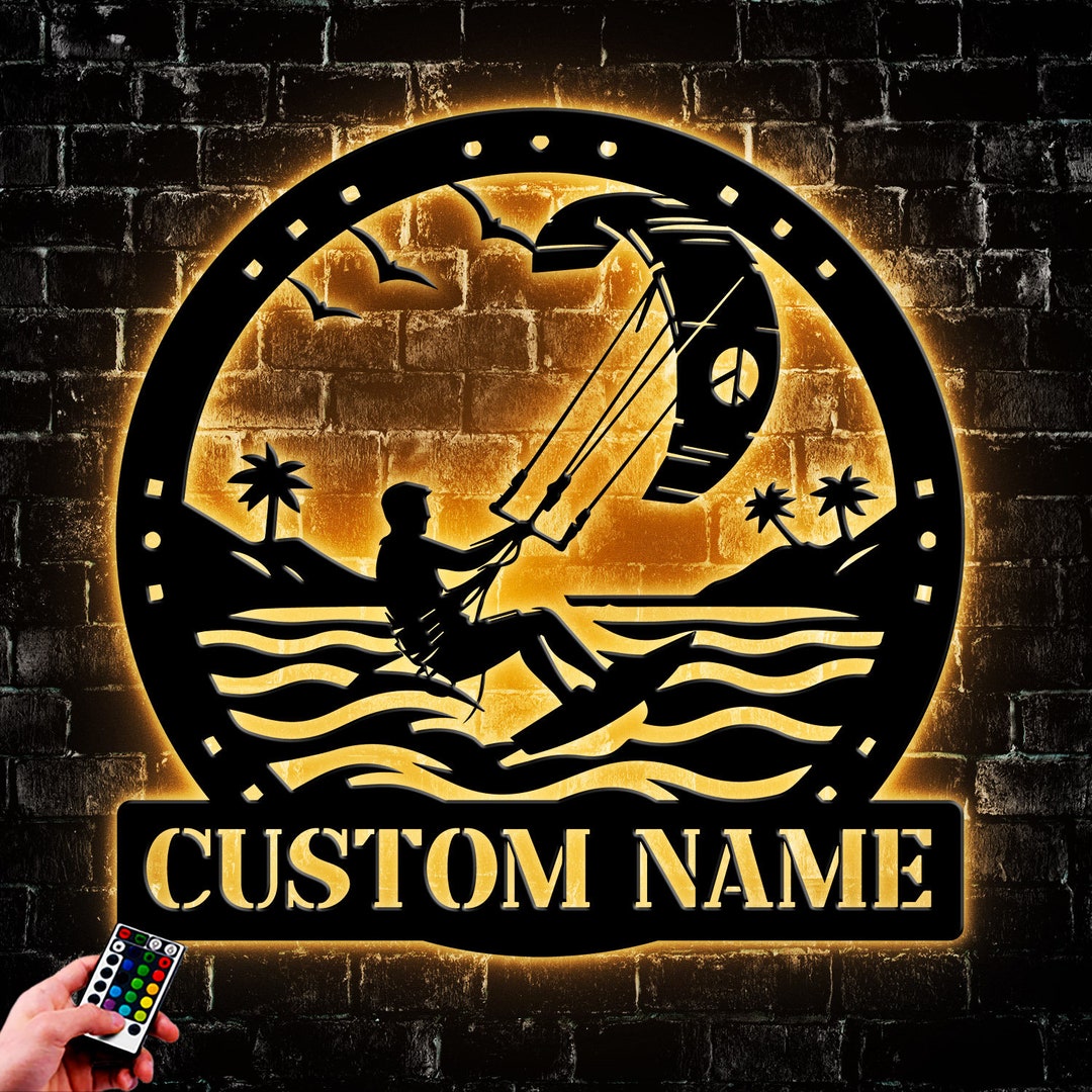 Custom Kiteboarding Metal Wall Art LED Light, Personalized Kite Surfer ...