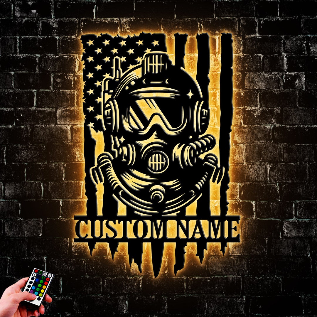Custom US Deep Sea Diver Helmet Metal Wall Art LED Light, Personalized ...