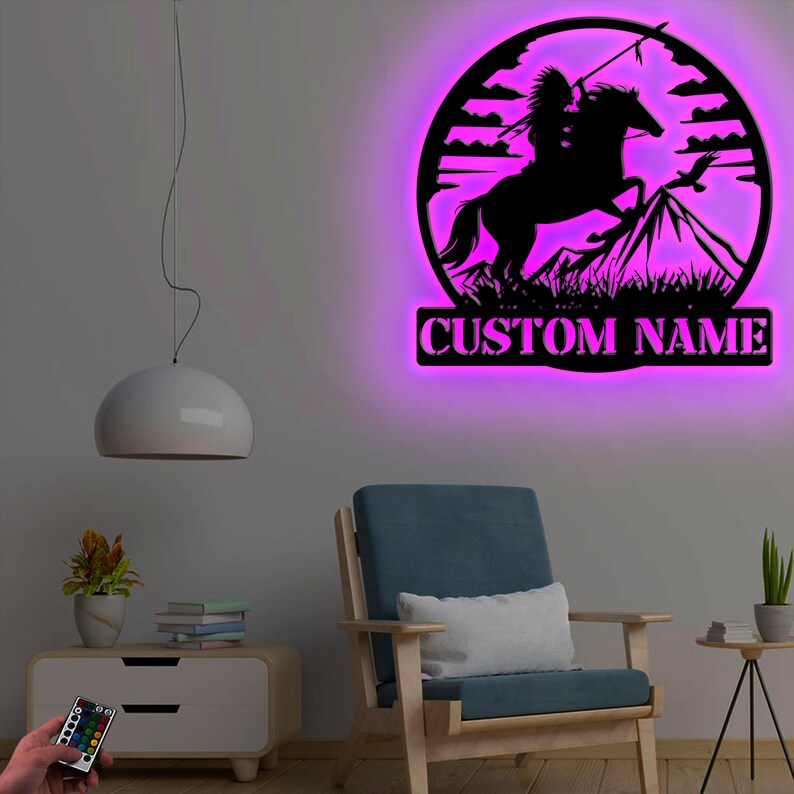 Custom Native American With Horse Metal Wall Art LED Light ...