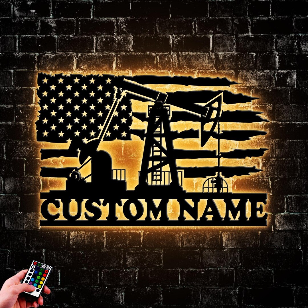 Custom US Flag Oil Rig Metal Wall Art LED Light, Personalized Oil Field ...