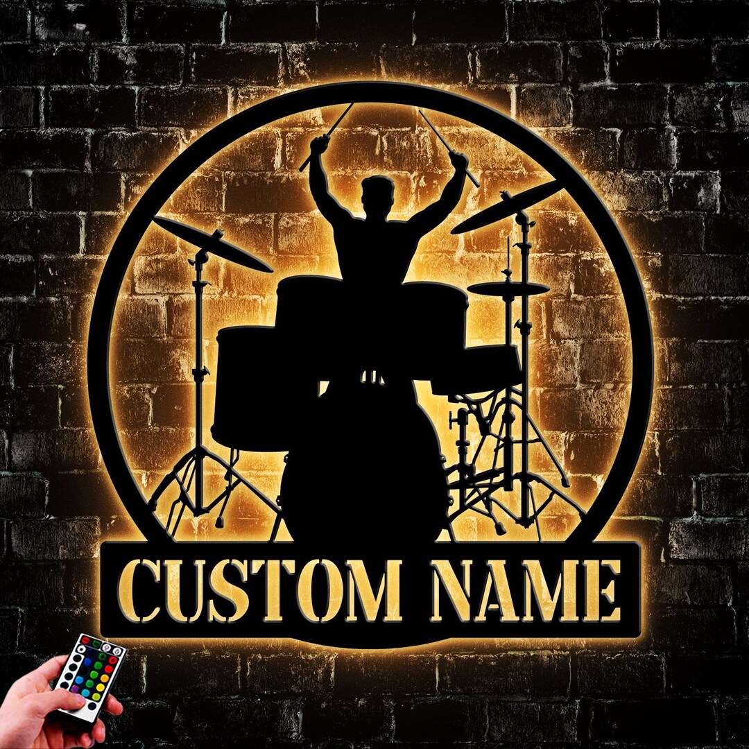 Custom Drumming Metal Wall Art LED Light, Personalized Drummer Name ...
