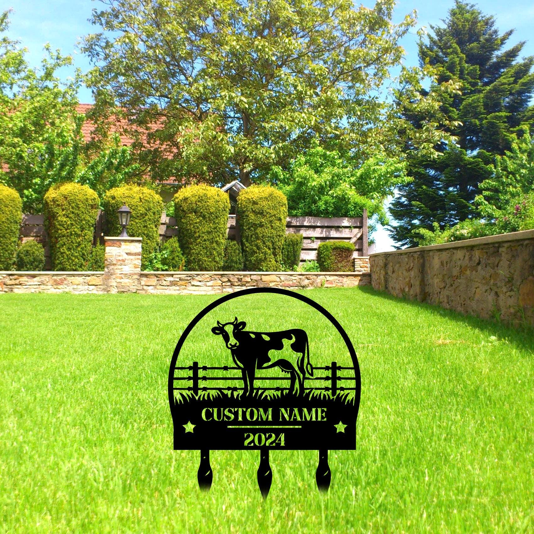 Custom Dairy Cow Garden Metal Sign, Personalized Gardener Name Sign ...